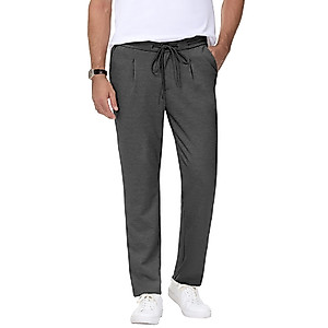 PJ PAUL JONES Men's Work Pants Elastic Waistband Casual Slim Fit Pleated Front Business Drawstring Tapered Pants Gray