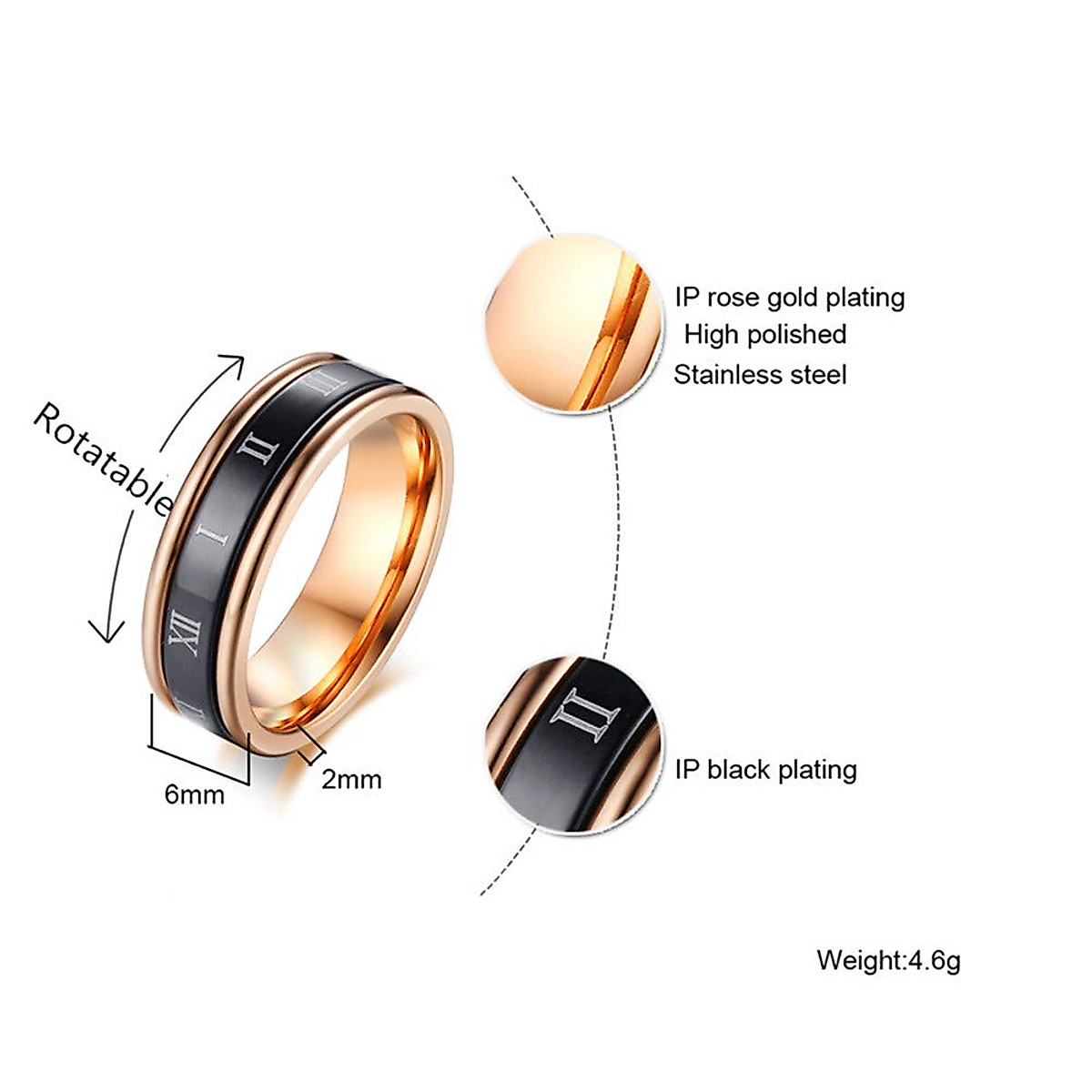 PAURO Women's Stainless Steel Rose Gold Roman Numerals Rotatable Worry Ring for Anxiety Size 9