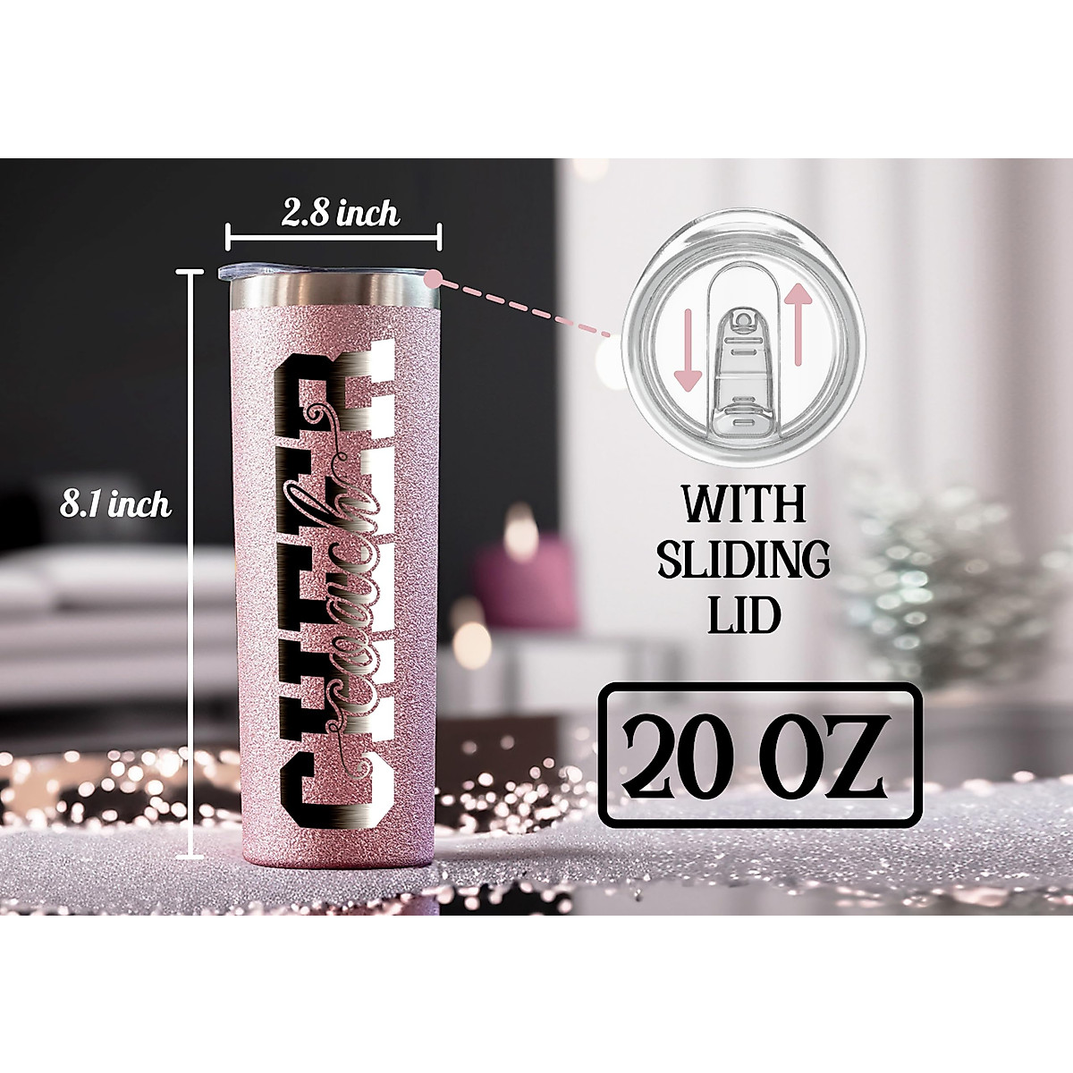 Onebttl Cheer Coach Gifts For Women, Her, Female - Cheer Coach - 20oz/590ml Stainless Steel Skinny Insulated Tumbler with Straw, Lid - Gift for Cheerleading or Cheerleader Coachs - Glitter Pink