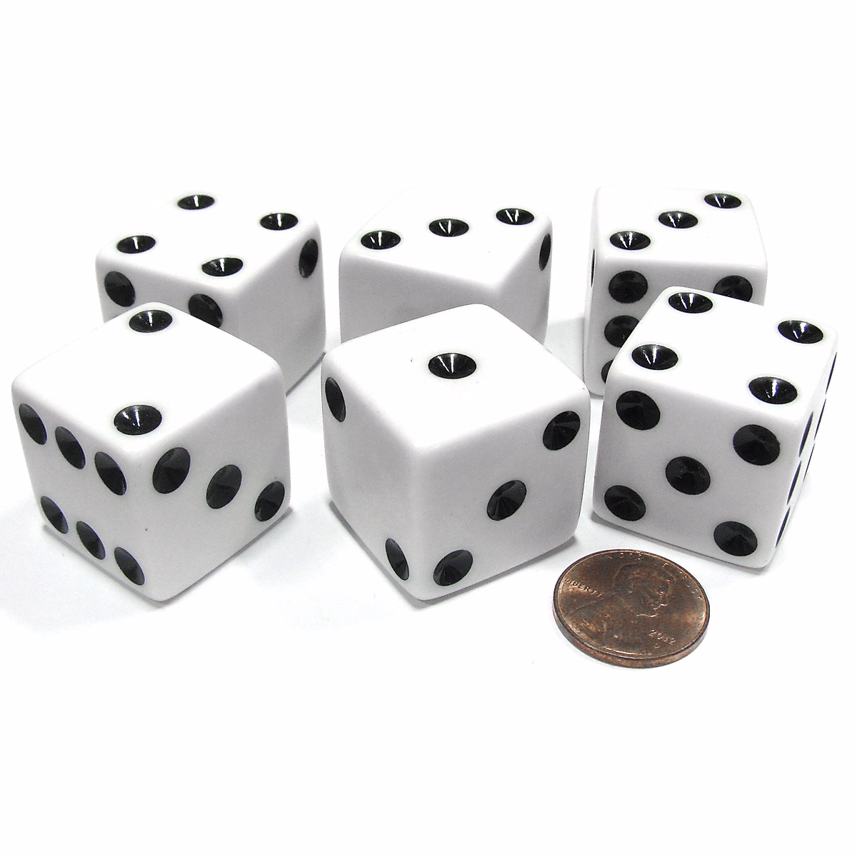 Set of 6 D6 25mm Large Opaque Jumbo Dice - White with Black Pip by Koplow Games