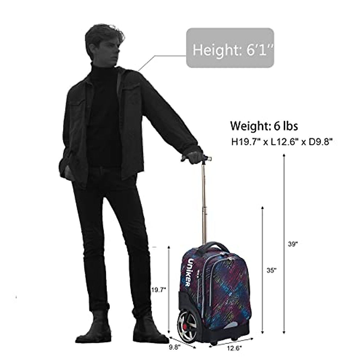 UNIKER Rolling Laptop Bag for 14 Inch,Travel Roller Bag Women,Wheeled Computer Bag,Wheeled Bookbag High School,Trolley School Bag,Cool Schoolbag with Big Wheels