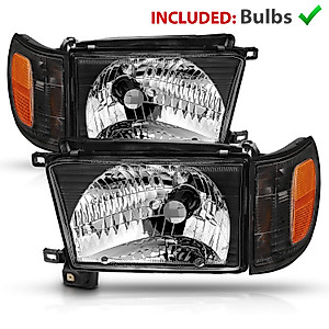 AmeriLite Replacement Halogen Headlights With Corner Lamp + Bracket For 1996-1998 Toyota 4Runner SUV N180 - Passenger and Driver Side, Vehicle Light Assembly, Black