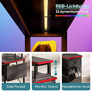 Bestier L Shaped Gaming Desk with Storage Shelves, 42 Inch Reversible Corner Computer Desk with LED Lights, PC Gaming Table with Side Storage Bag & Monitor Stand for Bedroom