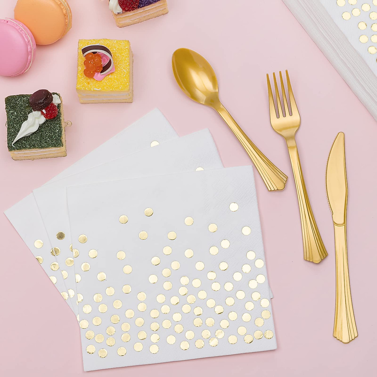 White and Gold Party Supplies, 350PCS Disposable Dinnerware Set w/White Paper Plates Napkin Cups Plastic Forks Knives Spoon for Women Men Birthday Easter Retirement Engagement Graduation Decorations