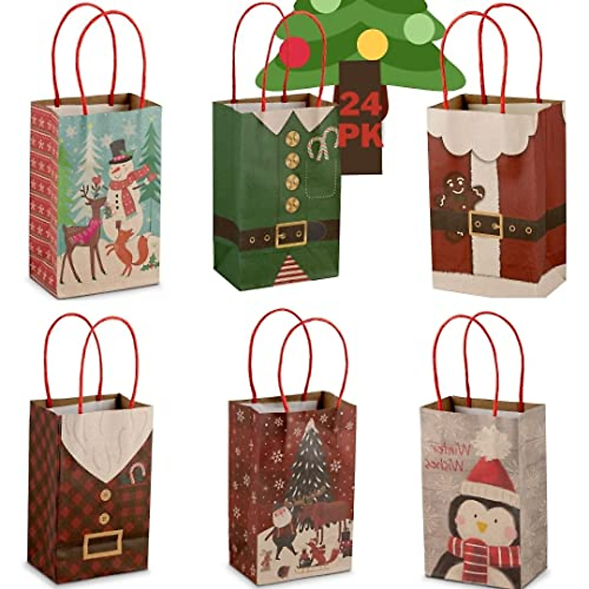 Plum Designs Small Christmas Gift Bags Bulk-24pcs Small Christmas Goodie Bags For kids,6 Styles Cute Christmas Paper Gift Bags Set- Party Favors Holiday Gift Bags Small Xmas Gift Bags 4”x6.5”x2.75
