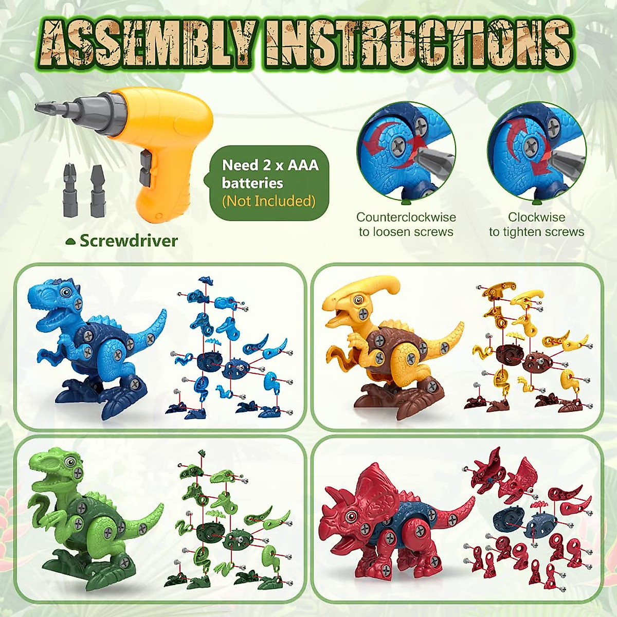 BAODLON Dinosaur Toys for 3 4 5 6 7 Year Old Boys, Take Apart Dinosaur Toy for Kid 3-5 5-7 Building Toy with Electric Drill, Learning Educational STEM Construction Toy Christmas Birthday Gift Boy Girl
