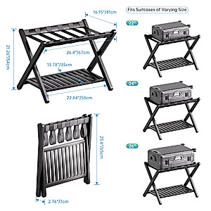SMIBUY Luggage Rack, Foldable Bamboo Suitcase Stand with Storage Shelf for Guest Room, Bedroom, Hotel, Heavy-Duty, 1 Pack (Black)