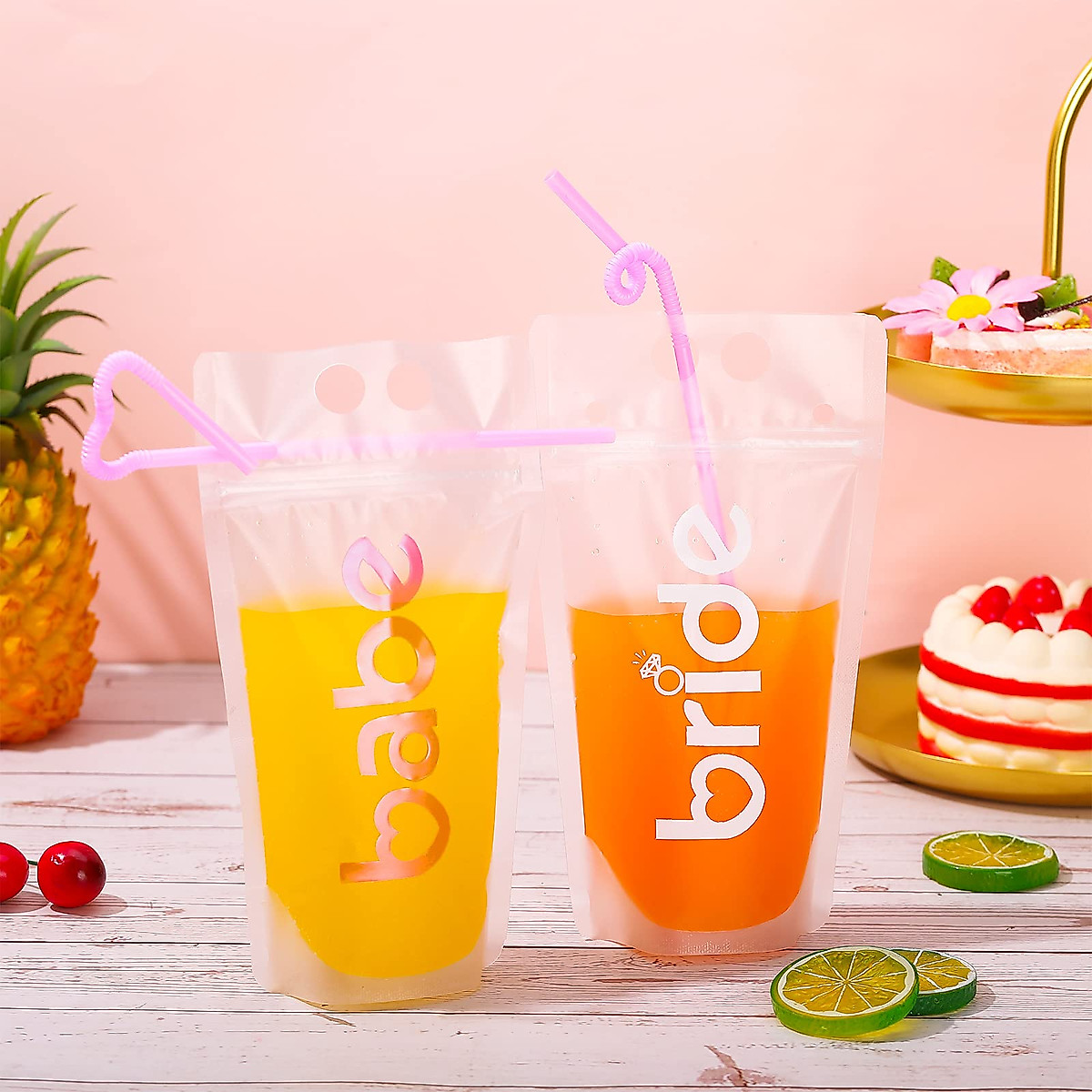 18 Pcs Zipper Plastic Pouches Drink Bags with Straws for Bride Party Heavy Duty Hand-held Translucent Frosted Bags with Drink Straws Wedding Party Decoration for Bride Women Girl