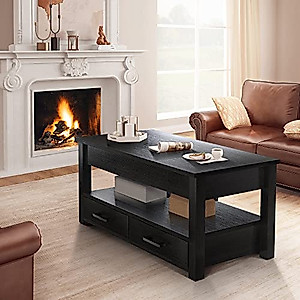 FABATO 41.7'' Lift Top Coffee Table with 2 Storage Drawer Hidden Compartment Open Storage Shelf for Living Room Folding Wood End Table (Black)