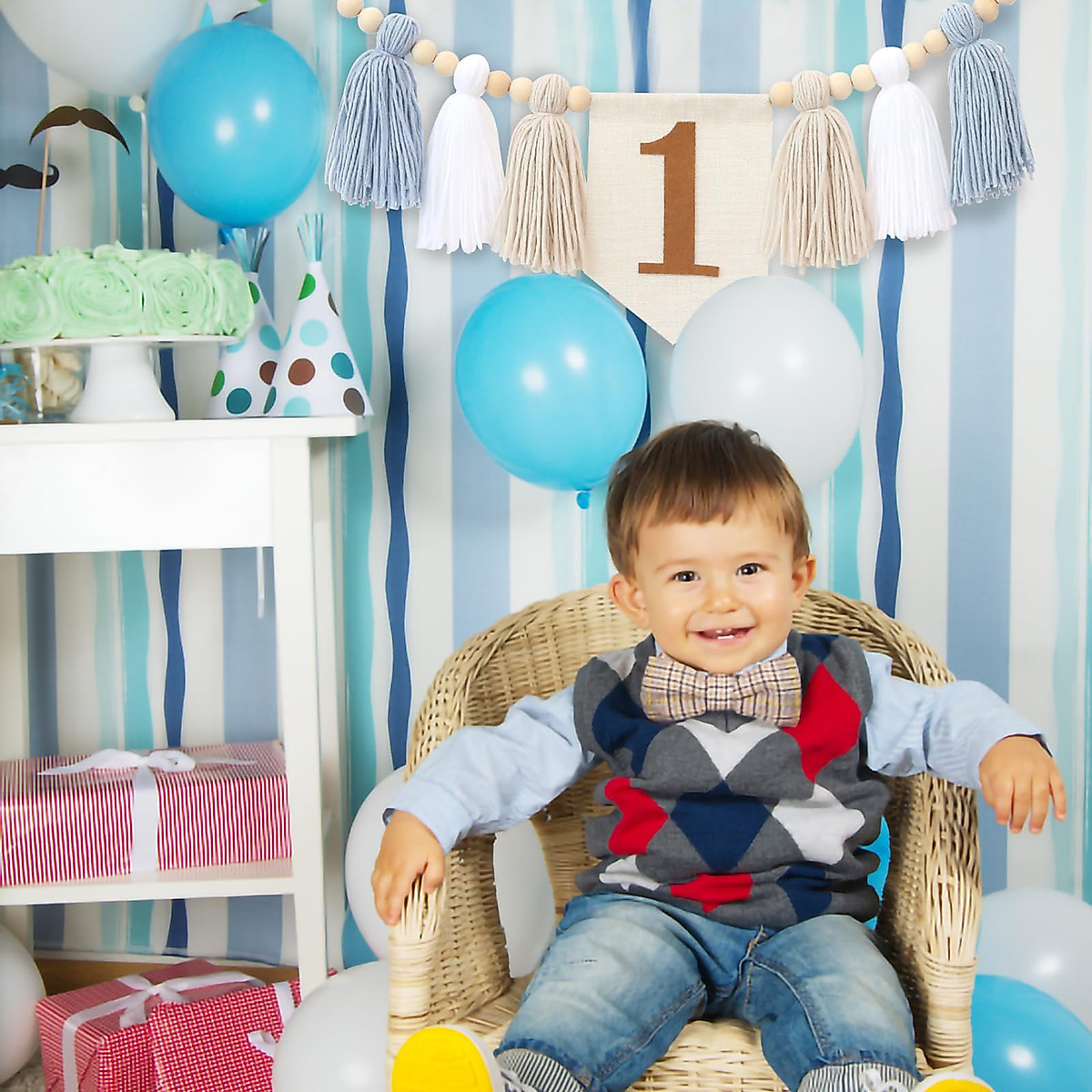 Handmade Boho 1st Birthday High Chair Banner Party Decoration For Girl Baby Shower Blue And White Wall Hangings Decorative For Kids Bedroom