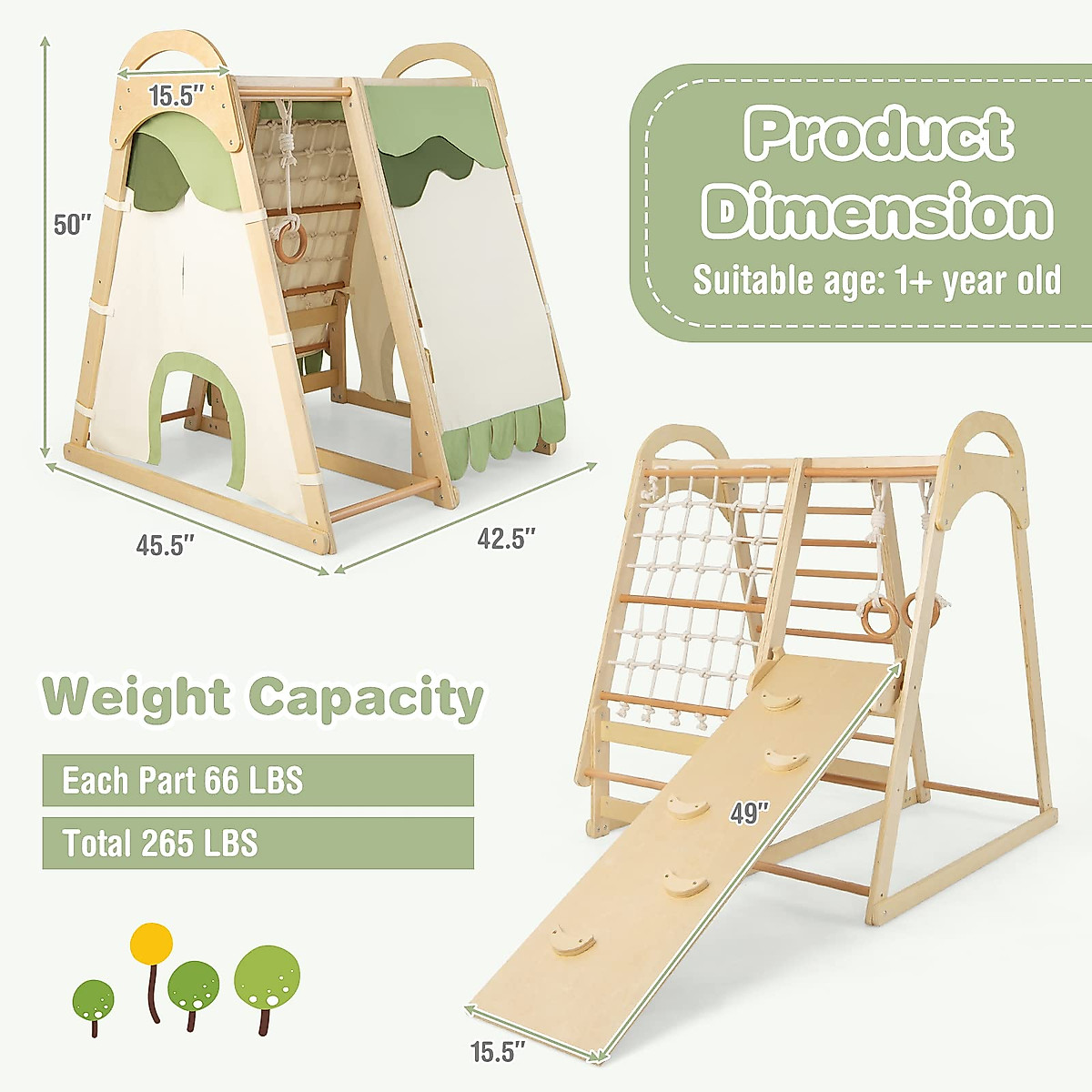 HONEY JOY Kids Indoor Playground, Jungle Gym Playset w/Climbing Rock Ramp, Slide, Rope Climber & Ladder, Monkey Bars, Rings, Removable Tent, Wooden Montessori Climbing Toys for Toddlers Boys Girls 1+