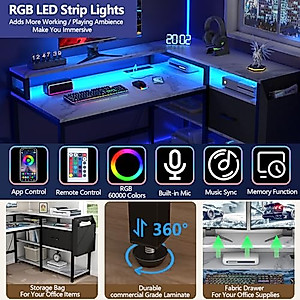 Loomie L Shaped Computer Desk with Power Outlets, 55"x41"D Reversible Corner Desk with LED Light, Drawer & Monitor Stand, Home Office Gaming Desk with 4 Tier Storage Shelves & Bag, White Faux Marble