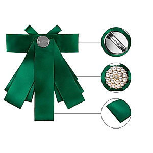 Allegra K Women's Pre-tied Bowknot Beads Bow Tie Elegant Large Ribbon Brooch One Size Deep Green