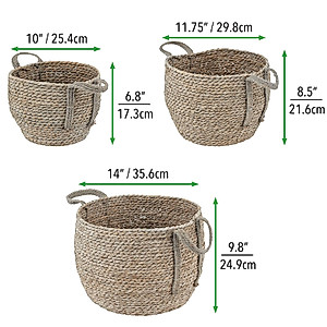 mDesign Round Braided Seagrass Woven Storage Basket with Jute Handles - Rope Weave Circle-Shaped Basket Bin for Shoe Storage in Entryway, Organizing Playroom Toys, and Laundry - Set of 3 - Gray Wash