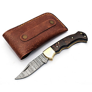 Sky Knives 6.5" Handmade Damascus Steel Folding Hunting Knives For Men, Pocket Knife For Camping, Survival, Skinning And Outdoor Activities With Leather Sheath. (Rosewood)