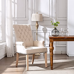 FUNESI Linen Wingback Dining Chair,Thick Tufted Upholstered Design with Armrests and Light Color Solid Wood Legs for Kitchen (Beige)