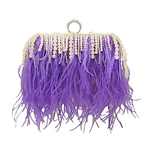 Miuco Ostrich Feather Pearl Clutch Purses For Women Wedding Party Evening Dress Bag Shoulder Bag Purple