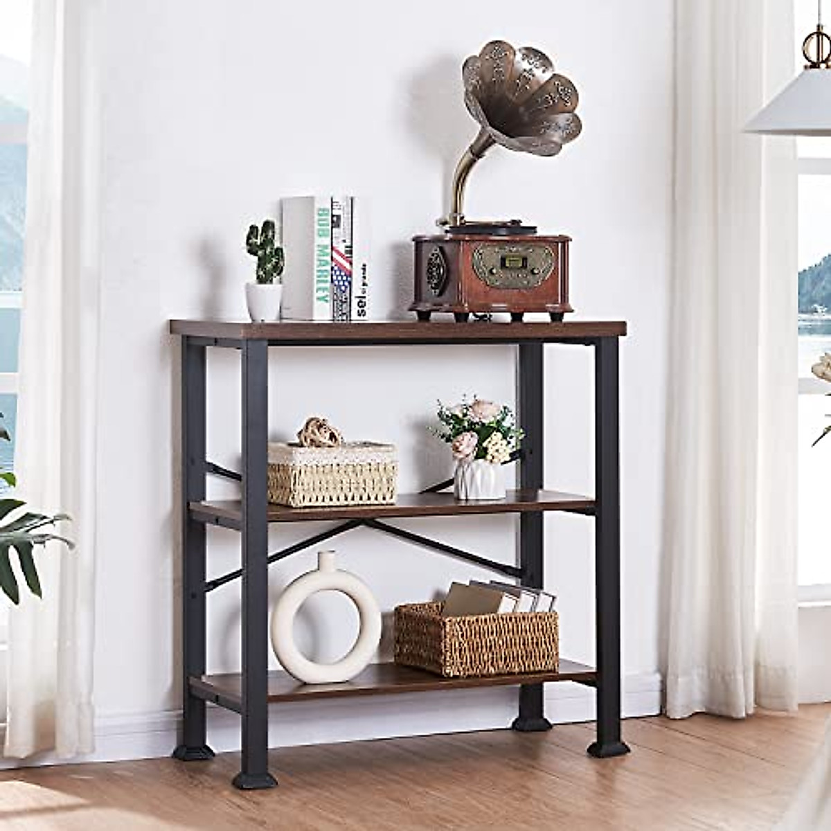 HOMBAZAAR Bookshelf, 3-Tier Vintage Industrial Book Shelf, Rustic Wood and Metal Bookcase and Bookshelves, Free Standing Storage Small Bookshelf for Living Room, Bedroom and Kitchen, Brown