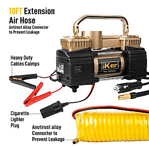 iKer Portable Air Compressor Heavy Duty Tire Inflator for Car, Truck, SUV,12V 70L/Min Double Cylinders Metal Air Pump 150PSI with LED Work Lights,11.5ft Extension Air Hose and Tire Repair Kit
