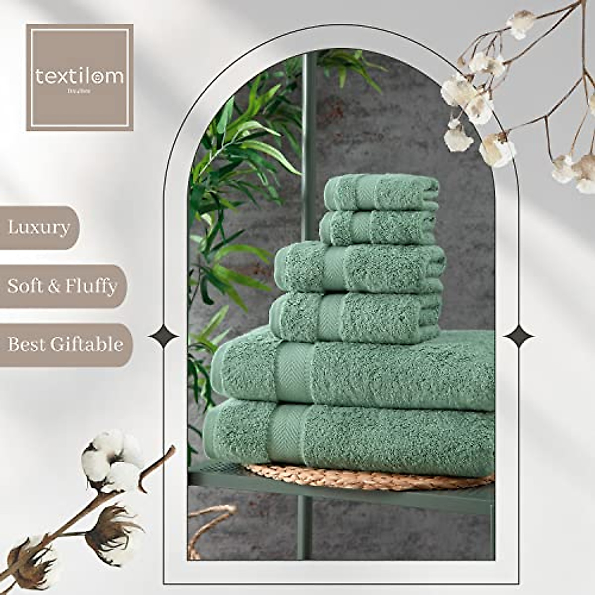 TEXTILOM 100% Turkish Cotton 6 Pcs Bath Towel Set, Luxury Bath Towels for Bathroom, Soft & Absorbent Bathroom Towels Set (2 Bath Towels, 2 Hand Towels, 2 Washcloths)- Green