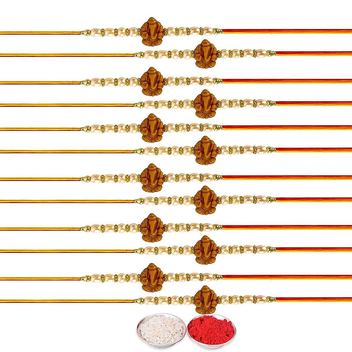 CRAFTONE Set of 12 Ganesha Design Rakhi for Brother, Designer Rakhi Set for Raksha Bandhan, Small Beads and Pearls Rakhi Thread Bhaiya Bhabhi Sister Rakhi Band for Rakshabandhan with Roli Chawal