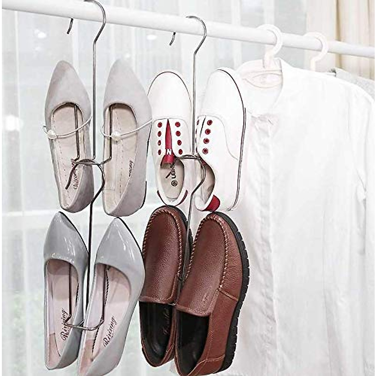 5 Pack Stainless Steel Shoes Hanger Drying Rack for Dehumidifying Hanging Leather Shoes,Double Hook Design Drying Shelf Storage Organizer,Closet Organizer Storage