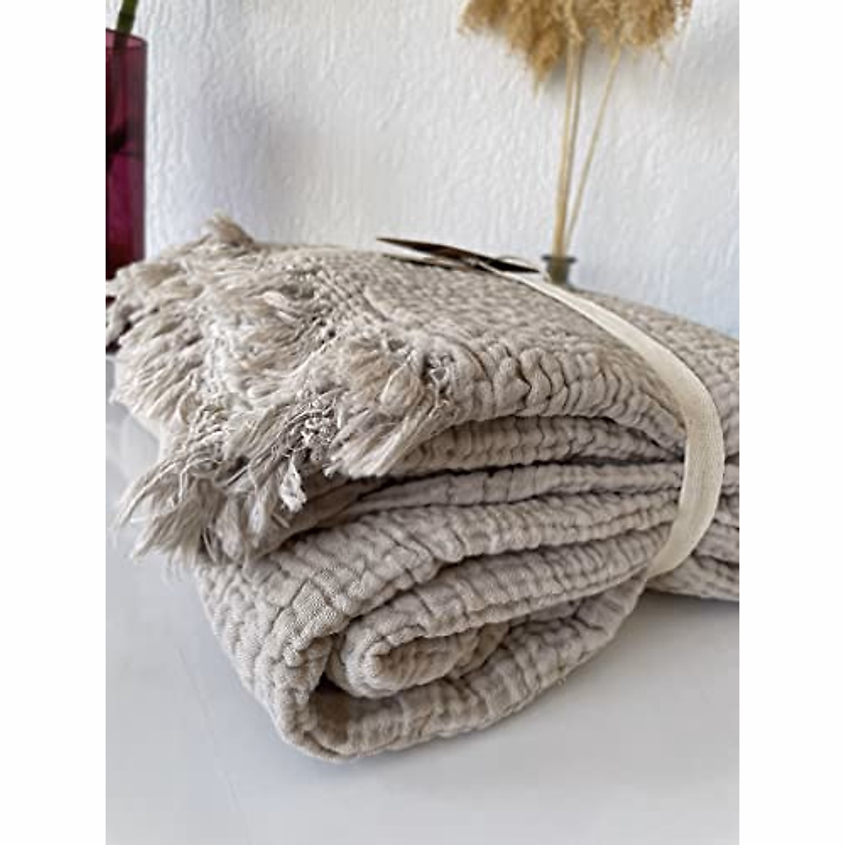 Muslin Blanket 100% Cotton, 4 Layers Bedspread, Soft Turkish Cotton Muslin Bed Cover, Reversible Coverlet, Beige (King Size 95x102-230x260cm)