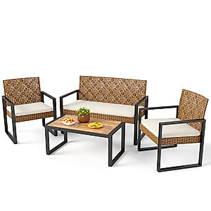 PHI VILLA Wicker Patio Furniture Set for 4, Rattan Loveseat & Chairs with Beige Cushions & Acacia Wood Coffee Table, Outdoor Modern Sectional Conversation Sofa Set for Deck, Yard, Porch