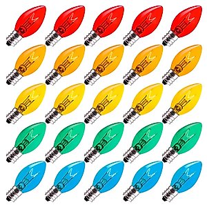 25 Pack C7 Christmas Replacement Light Bulbs, Transparent Blubs for C7 Christmas String Lights, E12 Candelabra Vintage Christmas Bulbs for Outdoor String Lights, Multicolor