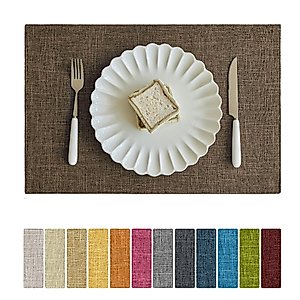 Softalker Faux Linen Placemats Set of 6-12 x 18 Inch, Heat Resistant Double Layered Durable Burlap Farmhouse Place Mats, Non-Slip Washable Rustic Table Mats for Dining, Kitchen, Party（Brown
