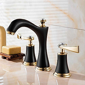 Bathroom Sink Faucet, G1/2 2 Handle 3 Holes Deck Mounted Brass Faucet, Crystal Handle Mixer Tap(Notice The Crystal ON Handle), Matte Black, 1 1/4-1 1/2Inch Sink Hole Size