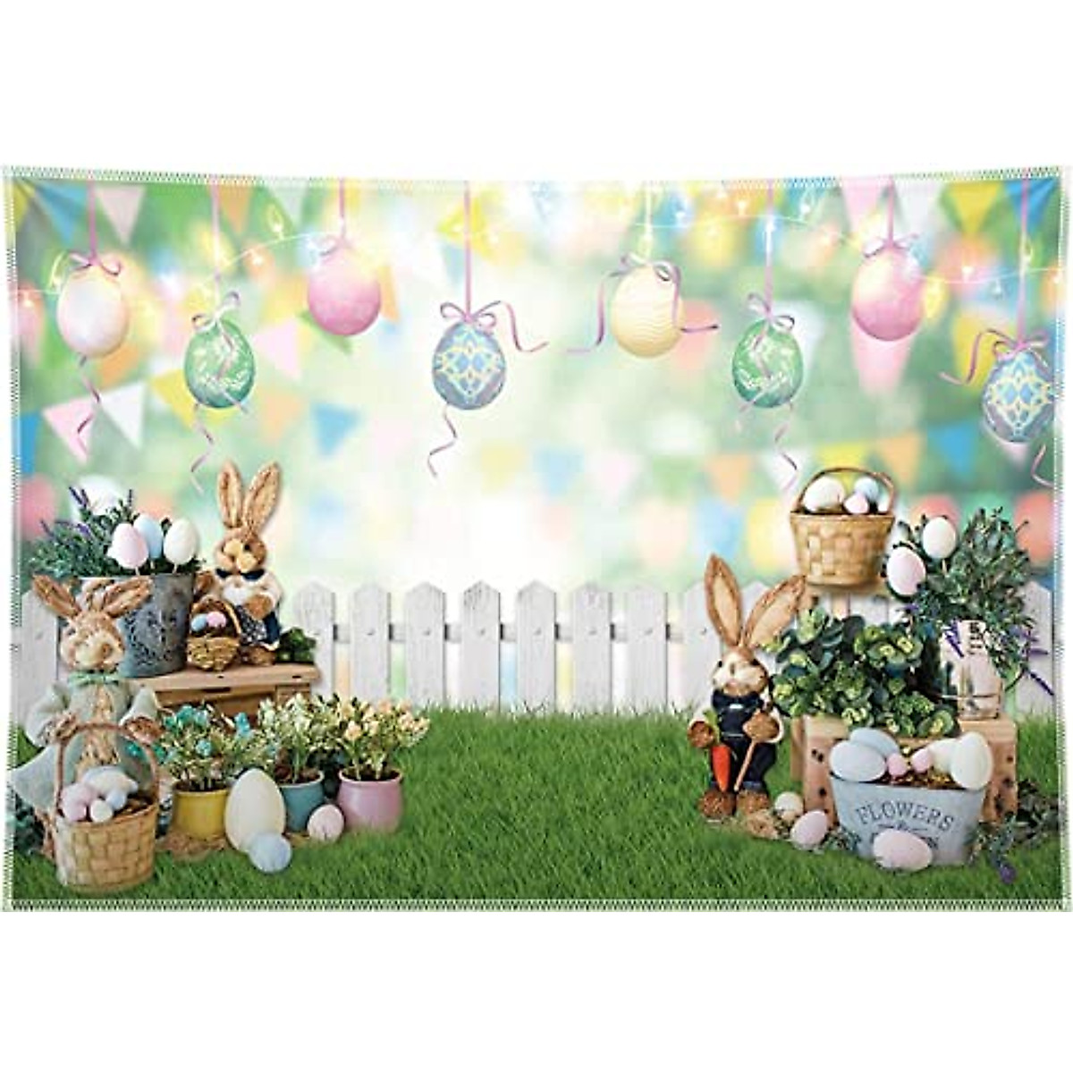 ZTHMOE 7x5ft Durable Fabric Easter Photography Backdrop Spring Garden Flower Stand Fence Eggs Grass Background Floral Bunny Tapestry Photo Booth