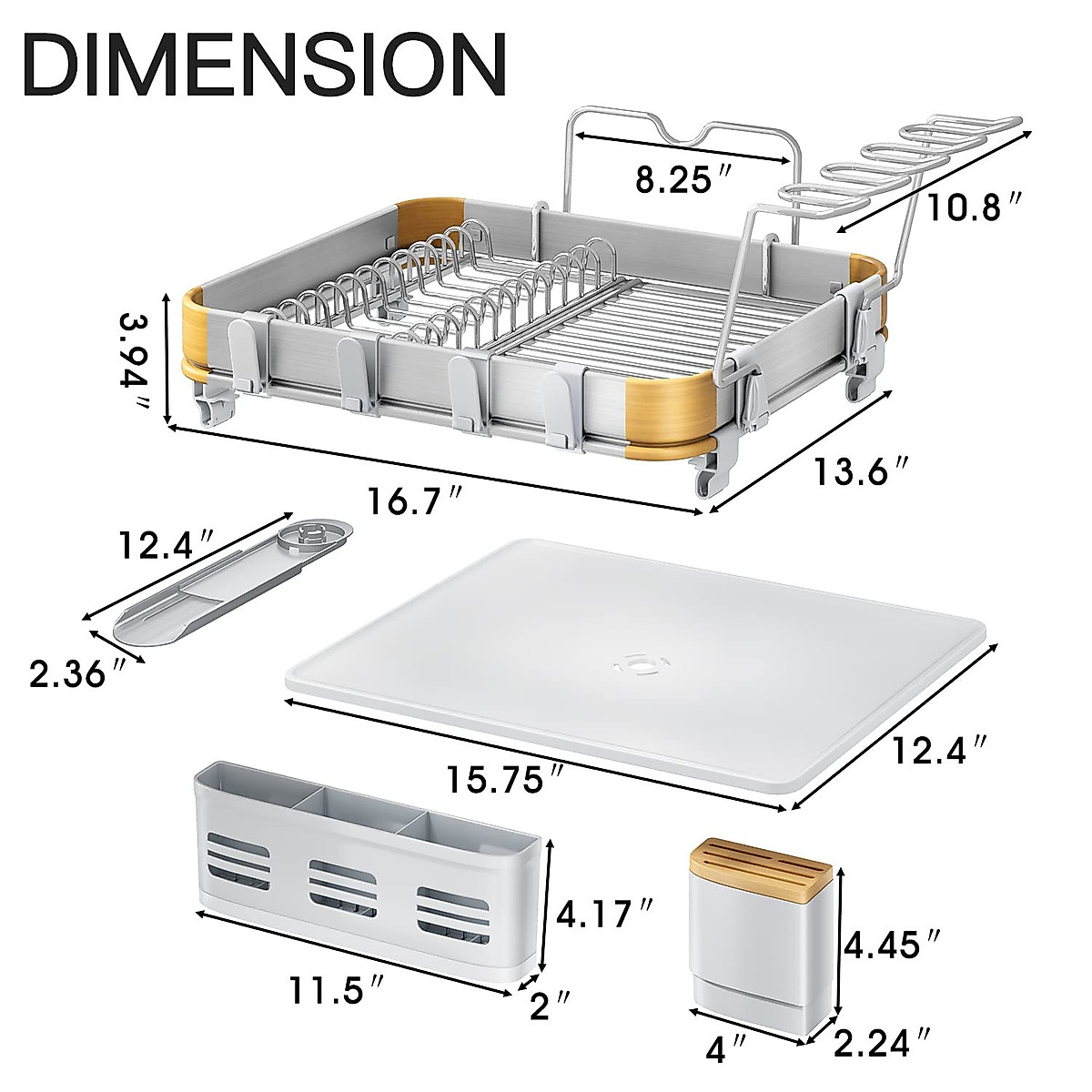 Dish Drying Rack, Aluminium Dish Racks for Kitchen Counter with Cup Rack, Large Dish Drainers with Drainboard, Anti-Rust Kitchen Dish Rack Dryer Shelf for Plate with Utensil, Cutting Board Holder