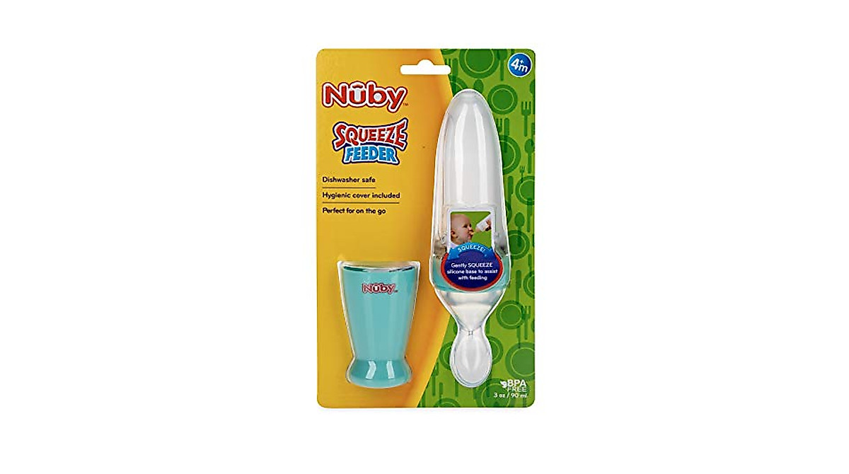 Nuby New & Improved Silicone Food Dispensing Squeeze Feeder with Cover & Stand, 4+ Months/ 3 Oz ...