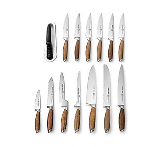 Schmidt Brothers - Bonded Teak, 15-Piece Knife Set, High-Carbon Stainless Steel Cutlery with Acacia and Acrylic Magnetic Knife Block and Knife Sharpener