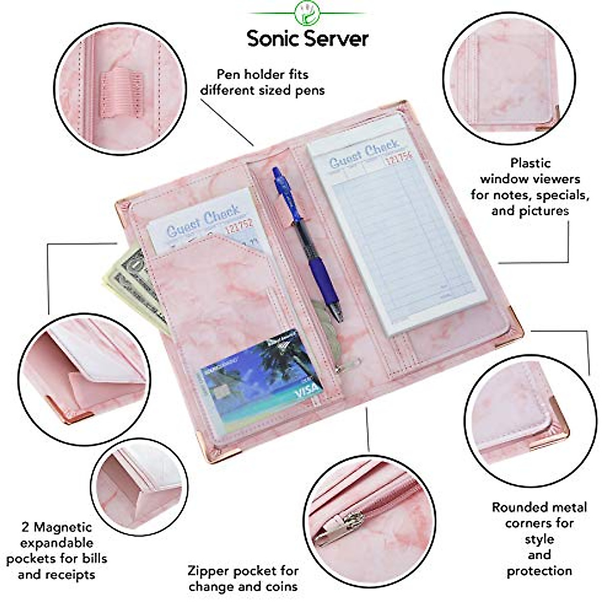 Sonic Server 5x9 11-Pocket Server Book Organizer with Double Magnetic Pockets and Zipper Pocket for Waitress Waiter Waitstaff | Marble Pink
