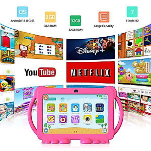 NORTH BISON Kids Tablet, 7 inch Android 11.0 Tablet for Kids, 3GB 32GB Toddler Tablet with Bluetooth-Pink