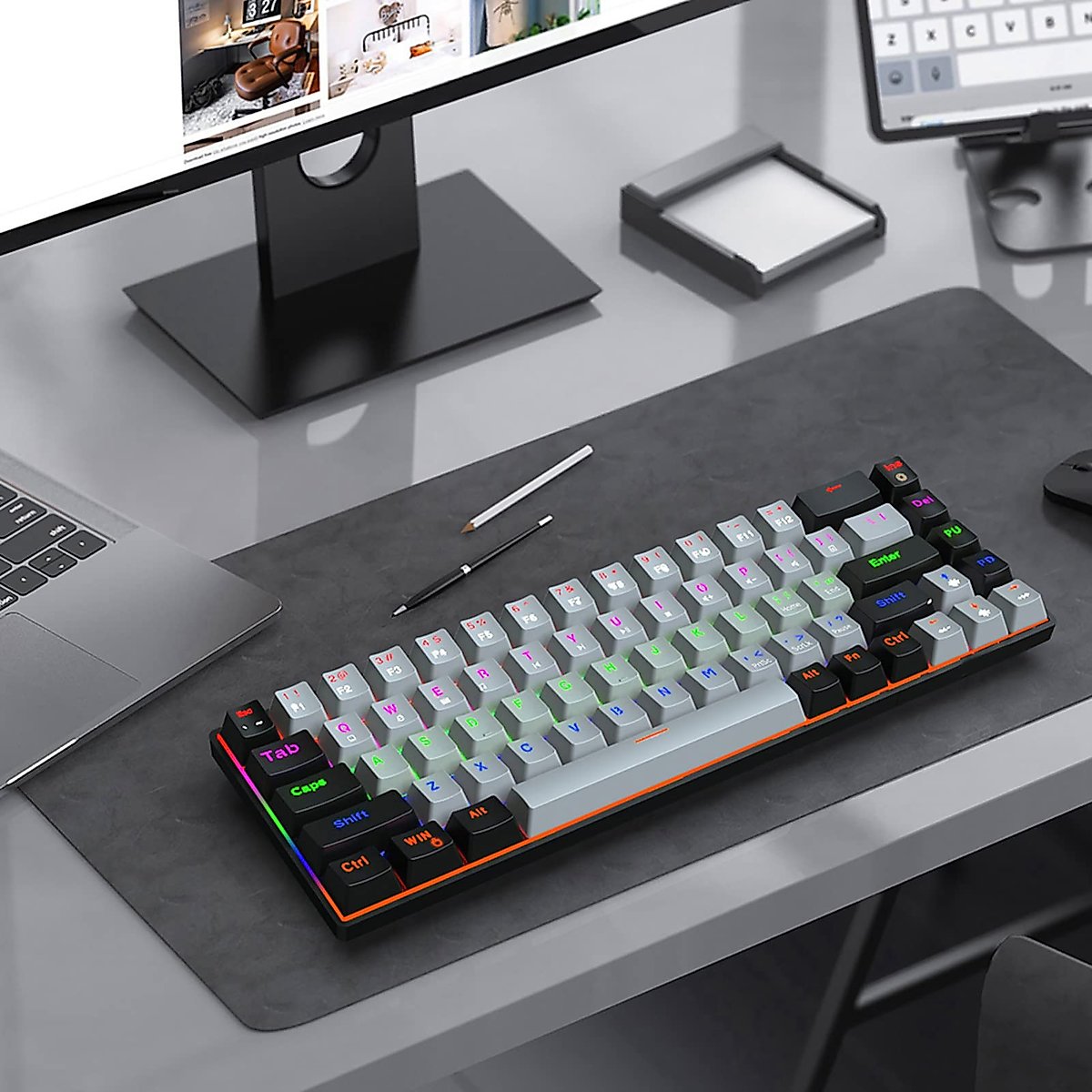Horoper Computer Mechanical Keyboard, Mechanical Keyboard 68‑Key Red Shaft Green Shaft Dual Color RGB Backlit Gaming Mechanical Keypad (Gray)