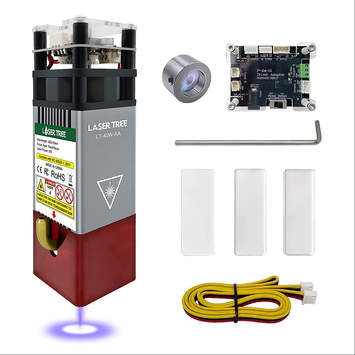 LASER TREE 40W Laser Module, 5W Optical Output Power Laser Cutter Module w/Metal Air Assist, Compatible with Laser Engraver Laser Cutter Machines CNC, 45mm Fixed Focus 12V