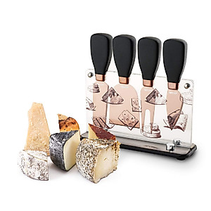 hecef Cheese Knife & Acrylic Stand Set of 5 - Stainless Steel Cheese Slicer with PP Handle & Acrylic Stand
