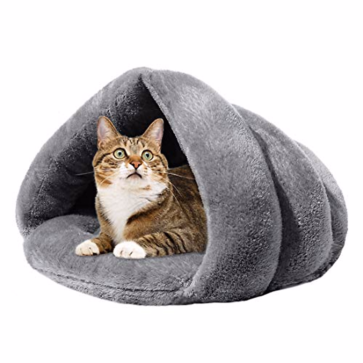Mojonnie Soft Warm Cat Bed for Winter Cat Tent Self-Warming Sleeping Bed for Cats Fleece Pet Cave Bed for Winter Pets Puppy Indoor Pet Triangle Nest (Grey)