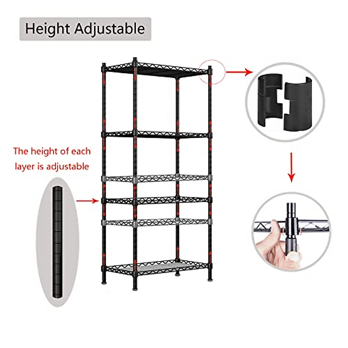 SORCEDAS Shelve 4 Tier Adjustable Utility Metal Storage Wire Rack Unit for Home Kitchen Garage Bathroom Office Indoor Black (Black, 4 Tier-Adjustable Feets)