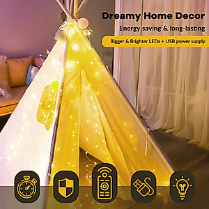 HXWEIYE 300LED Fairy Curtain Lights, USB Plug in 8 Modes Christmas Fairy String Hanging Lights with Remote Controller for Bedroom, Indoor, Outdoor, Weddings, Party, Decorations（9.8x9.8Ft, Warm White）