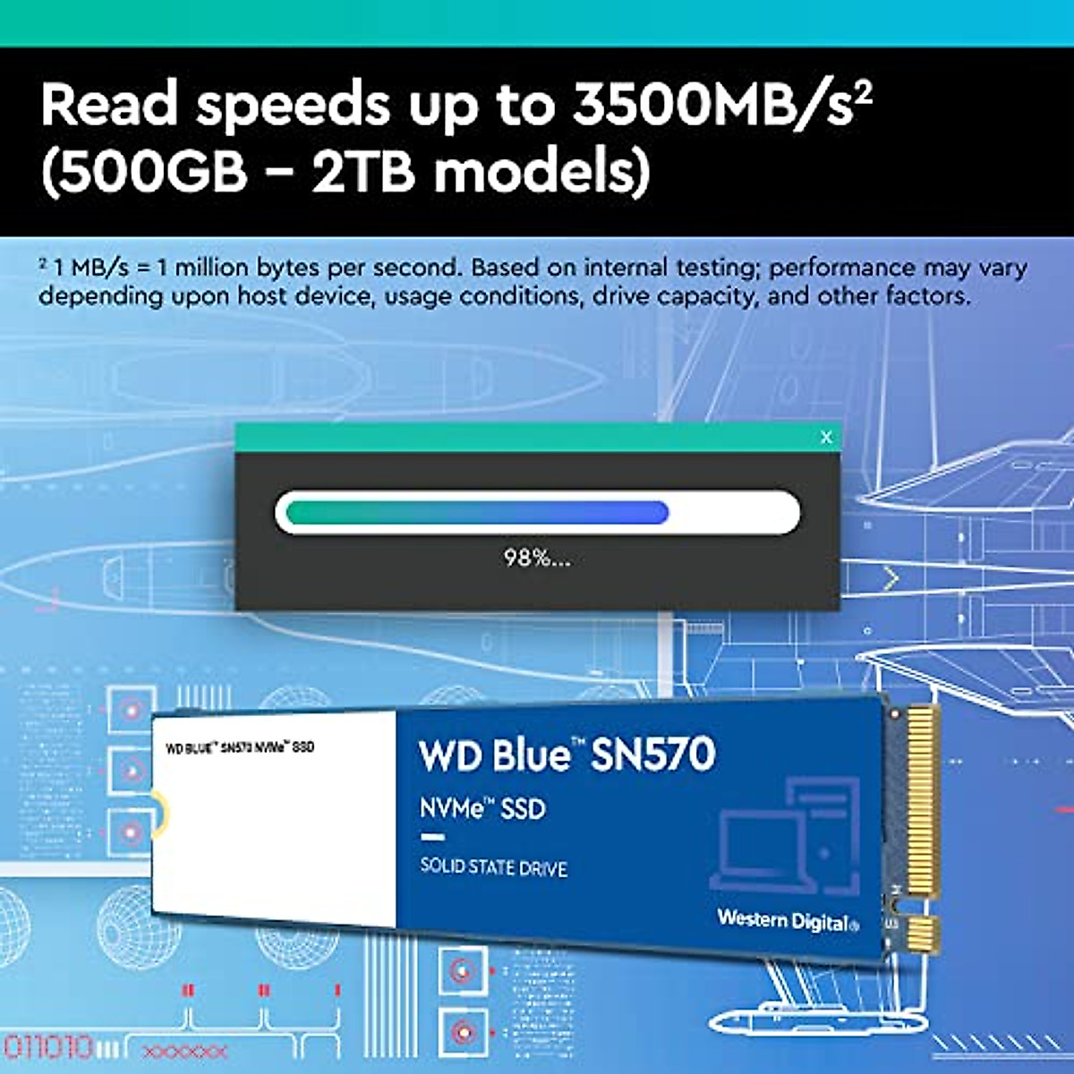 Western Digital 2TB WD Blue SN570 NVMe Internal Solid State Drive SSD - Gen3 x4 PCIe 8Gb/s, M.2 2280, Up to 3,500 MB/s - WDS200T3B0C