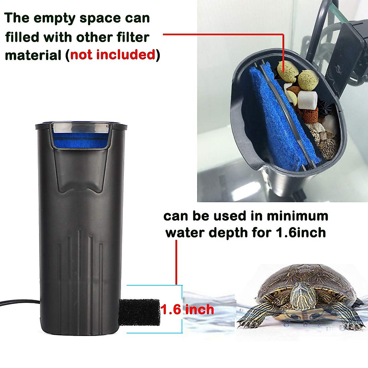 Aquarium Turtle Filter Waterfall Flow Water Clean Pump Bio-Filtration for Reptiles Tank Low Level Waterfall Filter for Small Fish Tank Turtle Tank Shrimp Amphibian Frog Crab (600L/H Aquarium Filter)