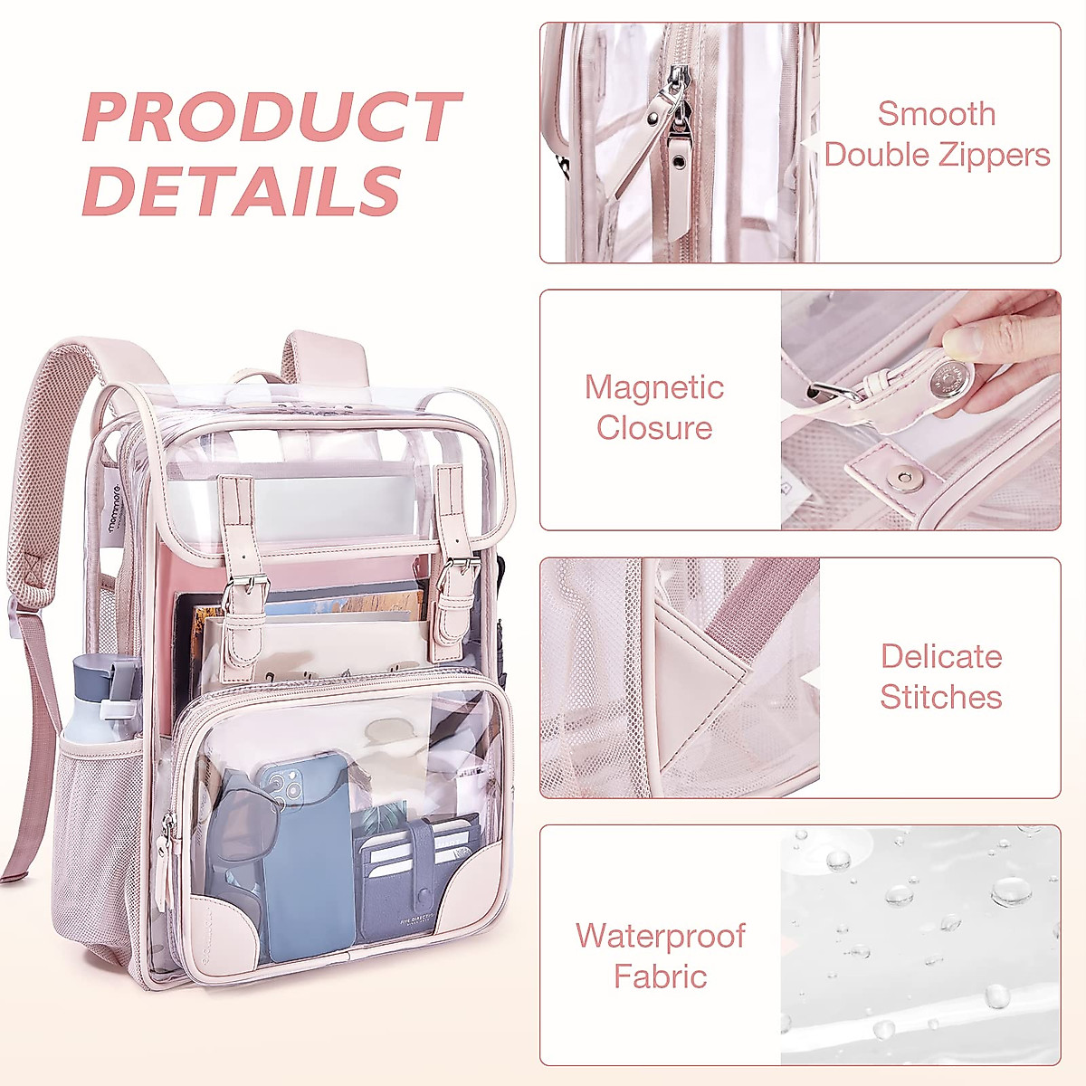 mommore Clear Backpack Heavy Duty Thick PVC Transparent Backpack with Leather Trim Large Capacity See Through Backpack