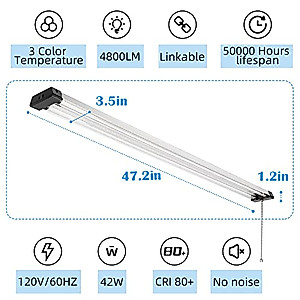 Linkable LED Shop Light for Workshop Garage, 42W 4800LM 3CCT 3000K/4000K/5000K LED Shop Light with Pull Chain(ON/Off), Linear Worklight Fixtures with Plug, Hanging or Mounted Installation, 4 Pack