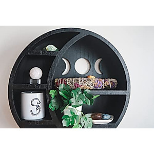 Kanley Crescent Moon Shelf for Crystals Stone, Essential Oil, Small Plant and Art - Wall, Room, and Gothic Witchy Decor - Moon Phase Rustic Boho Shelfs - Wooden Hanging Floating Shelves - (Black)