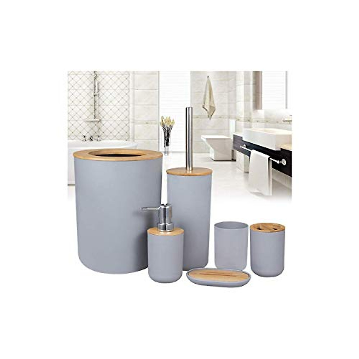 Laipi Bamboo Wooden Bathroom Accessories Set, 6 cs Gift Set Toilet Brush, Soap Dispenser, Waste Bin, Toothbrush Holder, Soap Dish Cup Set