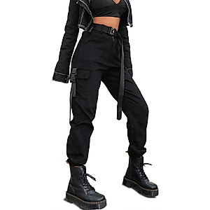 Women Edgy Relaxed Fit High Waisted Cargo Pink Camo Harem Black Pants with Pockets Back to School Outfits for Teen Girls Going Out Tops Black L